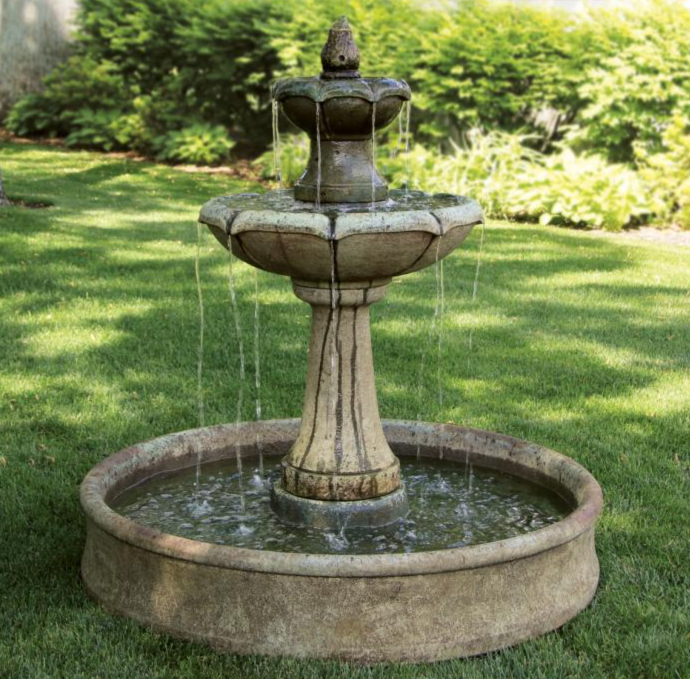 Two Tier Charlotte Fountain On Pool – Massarelli Lawn Ornaments